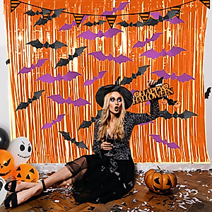 Halloween Background Photo Booth Props, 2 Packs Orange Tinsel Foil Fringe Curtains Backdrop, 3.3 x 6.6 ft Streamer with 96 Pcs Black Purple PVC Bat Stickers Decals for Party Supplies