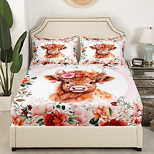 Feelyou Cute Highland Cow Fitted Sheet Twin Size Kids Cartoon Animal Bedding Set for Boys Girls Teens Flower Floral Print Bed Sheet Set Farm Zoo Garden Theme Bed Cover Deep Pocket Room Decor