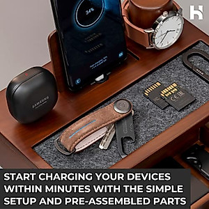 Nightstand Organizer For Men - Wood Phone Docking Station to Charge Your Phone & Earbuds - Wood Charging Station with Lined Tray & Drawer - Mens Docking Station - Gifts for Dad Birthday Gifts for Men