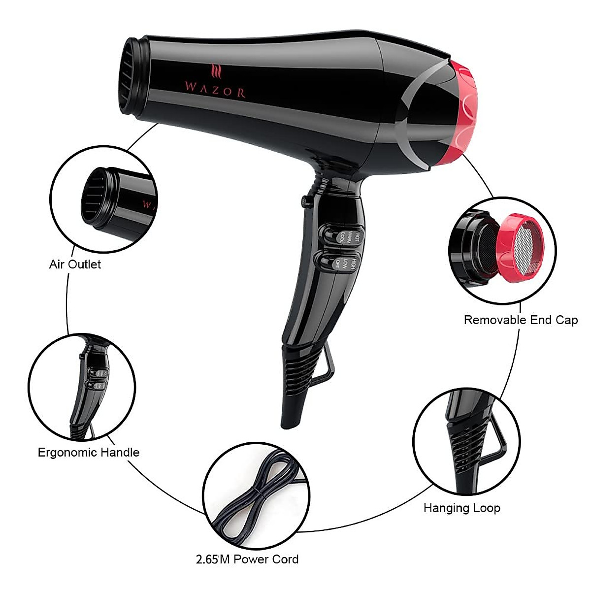 Professional Negative Ionic Hair Dryer, 1875W Salon Lightweight Blow Dryer with Pro AC Motor, Fast Dryer with Concentrator Nozzle and 2 Speed & 3 Heat Settings, Black