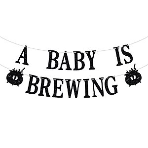 A Baby is Brewing Banner, Halloween Theme Baby First Birthday/Baby Shower/Gender Reveal/Pregnancy Celebration Party Decoration Supplies, Black Glitter