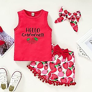 Toddler Baby Girl Summer Outfits Letter Print Sleeveless Tank Top+Tassel Shorts+Headband Clothes Set Strawberry (Red, 18-24 Months)