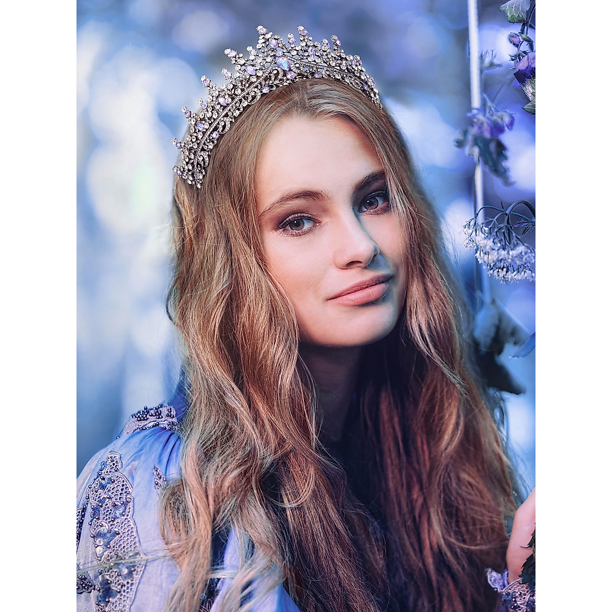 SWEETV Purple Iridescent Tiara Crown Queen Crowns for Women Aurora Borealis Crystal Princess Tiara Hair Accessories for Prom Cosplay Birthday Halloween