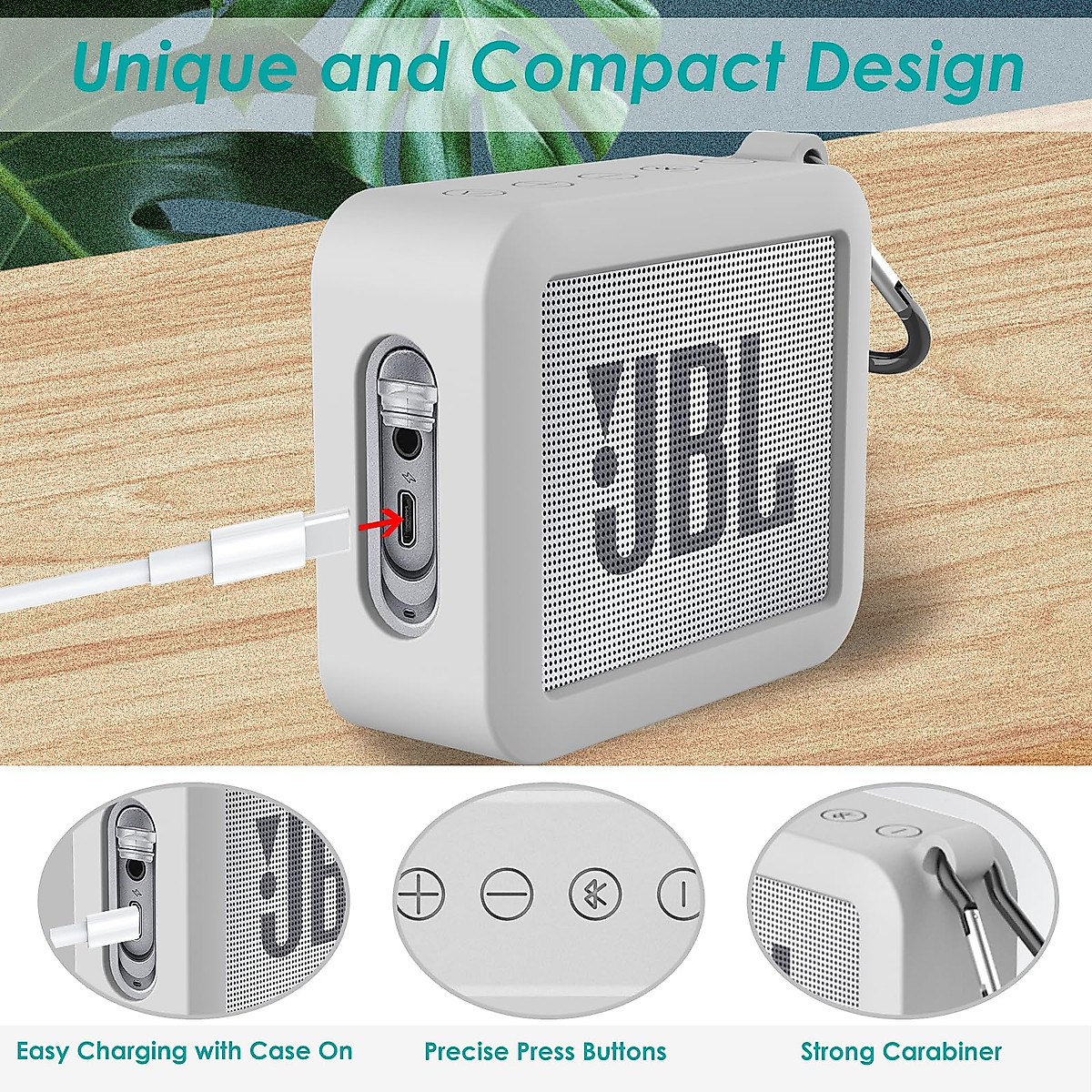 GeeRic Silicone Carrying Case Compatible with JBL GO 2, Portable Stand Up Skin Cover for Outdoor Bluetooth Speaker with Carabiner, Gray