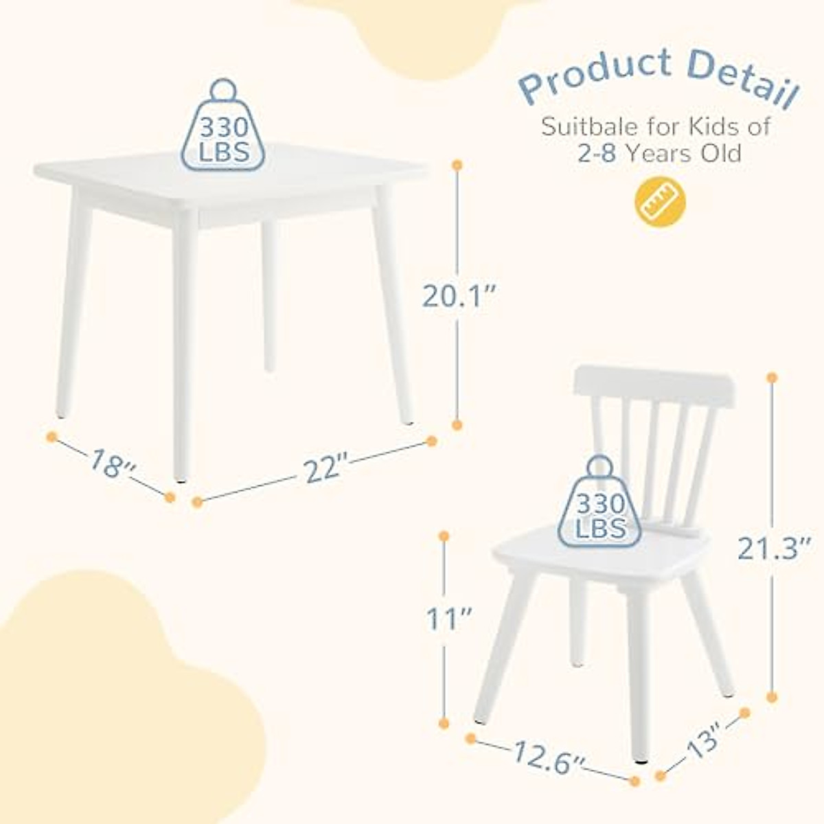 Curipeer Windsor Kids Table and 2 Chair Set, Rubberwood Toddler Table and Chair Set for Art, Play, Craft, Activity, Children Table with Non-Slip Legs/Round Edge Design, White