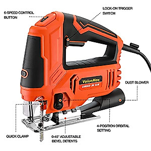 ValueMax Jig Saw, 6.5AMP Corded Electric Jigsaw with 6 Variable Speeds, 4-Position Orbital Setting, ±45° Bevel, Dust Blower and 6Pc Blades, Jigsaw Tool Kit for Wood, Metal and Plastic Cutting