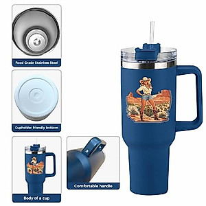 40 Oz Insulated Tumbler with Handle and Straw,Hat Girl In Desert Stainless Steel Vacuum Insulated Travel Mug,Leak-proof Water Bottle Iced Coffee Cup,Rustic Cartoon Western Cowgirl