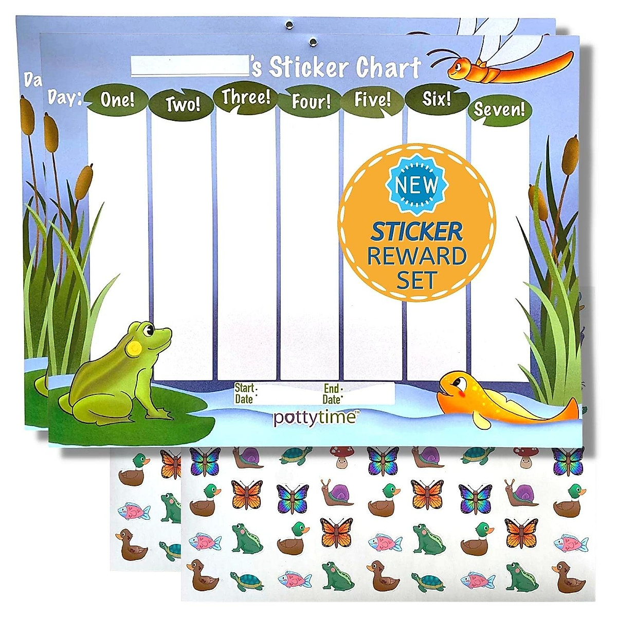 Potty Time: Purple Watch & Sticker Set | Water Resistant, Toilet Training Aid, Warranty Included. (Automatic Timers Plays Music & Flashing Lights for Fun Reminders), Pink + Pond Sticker Chart Kit