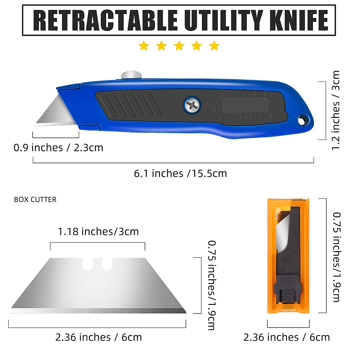 DIYSELF 4 Pack Box Cutters Utility Knives, Retractable Box Cutter Box Knife with 10 Utility Blades, Box Package Opener, Razor Knife Utility Heavy Duty for Cardboard, Carpet, Paper, Box Cutter Knife