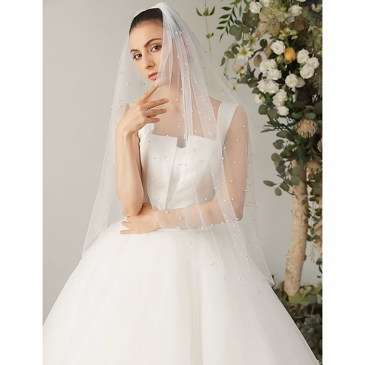 ELAWBTY Womens 1 Tier Fingertip Length Pearl Wedding Bridal Veil With Comb X06 Ivory