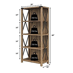 AMERLIFE 4-Tier Bookshelf, Tall Industrial Book Shelf, Rustic Wood & Metal X Frame Farmhouse Bookcase & Bookshelves for Living Room, Bedroom, Barn Wood