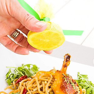 Restaurantware 8.75 Inch x 8.75 Inch Lemon Squeeze Cloths, 100 With Green Satin Ribbon Lemon Covers - Mesh, Reusable, Yellow Cheesecloth Lemon Nets, For Lemon Halves And Wedges - Restaurantware