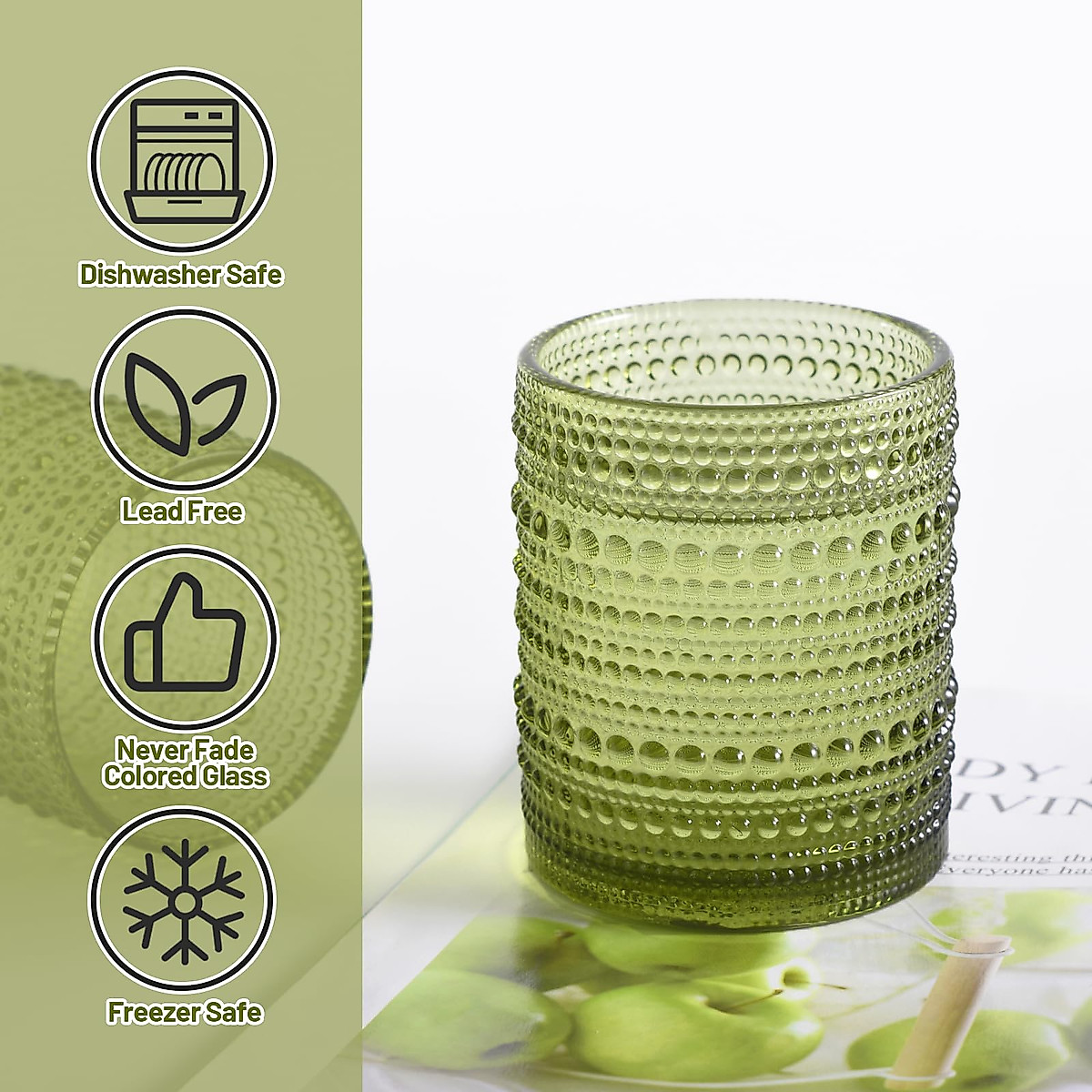 Wongblee Hobnail Drinking Glasses Set of 6, Vintage Colored Glassware 11oz, Beverage Glass Cups for Water, Juice, Cocktail (Green)