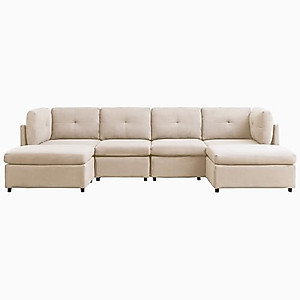 Mjkone Convertible Sofa Couch, Modern U Shaped Sofa with Tufted Back Cushion, 6 Seat Oversized Sectionals Sofa Couch with Ottomans for Living Room/Apartment/Office (Beige)