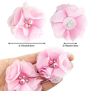 30 PCS Rhinestone Pearl Pink Chiffon Flower Sewing Fabric Appliques for Clothing, Headbands Flower, Crafts, Party Decoration, Sewing Applique