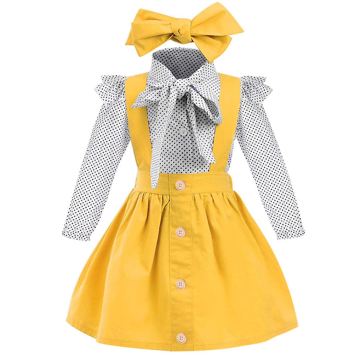 YOUNGER TREE Toddler Girl Outfits 1-4 T Long Sleeve Shirt Overall Skirt Headband Set School Uniform Dress (Polka Dot Blouse + Yellow Suspender Skirt Headband 3PC Set, 4T)