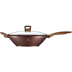 WaxonWare 12.5 Inch Non Stick Wok With Glass Lid Coated With Marbellous (A 100% PFOA & APEO Free German Non Stick Coating) - For Stir-Frying, Shallow Frying, Deep Frying & Braising