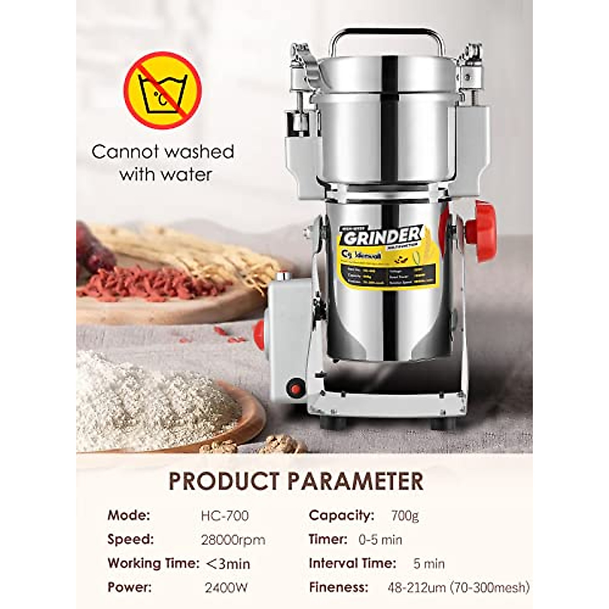 CGOLDENWALL 700g Electric Grain Grinder Mill Safety Upgraded 2400W High-speed Spice Herb Grinder Commercial Superfine Grinding Machine Dry Cereals Pulverizer CE 110V (700g Swing Type)