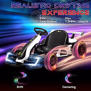 Aosom 24V 7.5 MPH Electric Go Kart with Adjustable Seat, Drifting Car Battery Powered Ride on Toy Outdoor with Slow Start, Button Start, Music, Honking Horn, Lights, for 6-12 Years Old, White