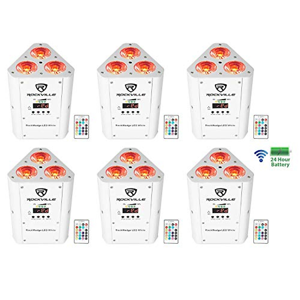 6 Rockville RockWedge LED RGBWA+UV Rechargeable Wireless DMX White Par Up-Lights
