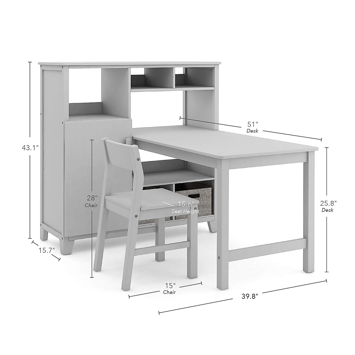 Martha Stewart Kids' Media System with Desk Extension and Chair (Gray) – Wooden Cubby Storage Organizer and Computer Study Table for Home School