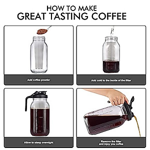 Cold Brew Mason Jar iced Coffee Maker, Durable Glass, - 64 oz (2 Quart / 1.9 Liter), With Handle& Stainless Steel Filter for Iced Brew Coffee, Lemonade, Ice Tea, Homemade Fruit Drinks Container