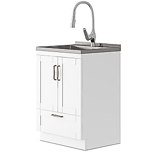 SIMPLIHOME Reed Transitional 24 Inch Deluxe Laundry Cabinet with Pull-out Faucet and Stainless Steel Sink in White, For the Laundry Room and Utility Room