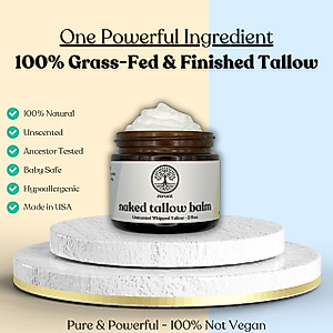Handmade NAKED TALLOW BALM | 1 Ingredient - 100% Grass Fed Tallow | Whole Body & Face | Whipped & UNSCENTED for Sensititve Dry Skin, Babies, Eczema, Psoriasis, Rosacea (2oz)