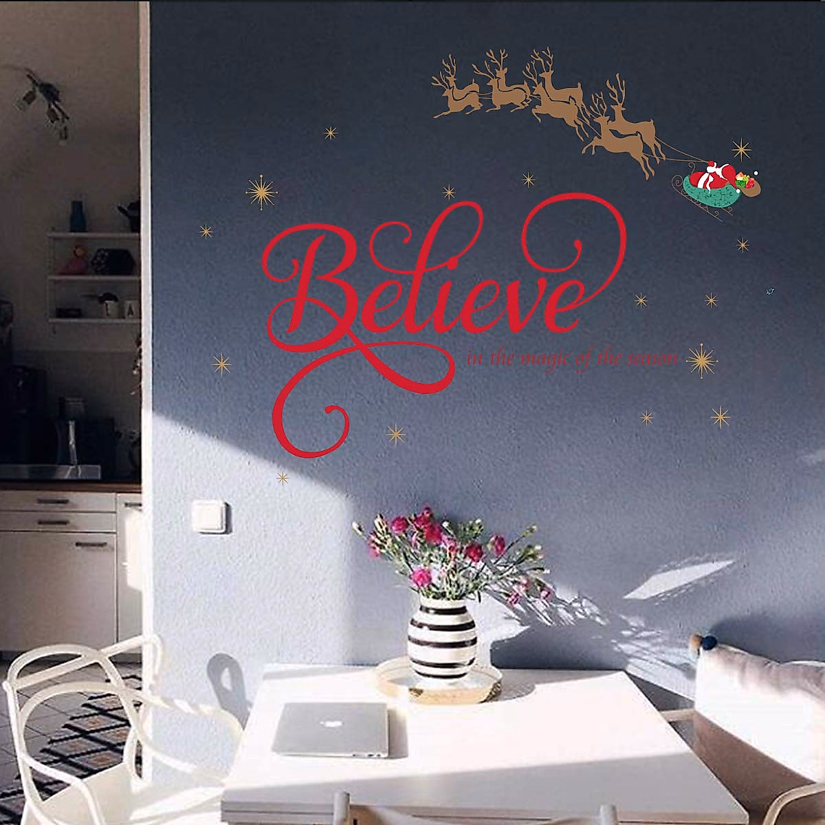 ufengke "Believe Quote Wall Stickers Santa Claus Reindeer Snowfalkes Window Clings Decal for Showcase Home Decor Merry Christmas Decoration