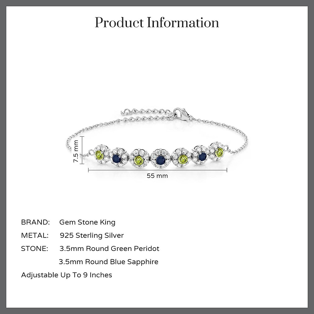 Gem Stone King 925 Sterling Silver Green Peridot Blue Sapphire and White Zirconia Tennis Bracelet For Women (1.58 Cttw, Gemstone August Birthstone, 7 Inch with 2 Inch Extender)