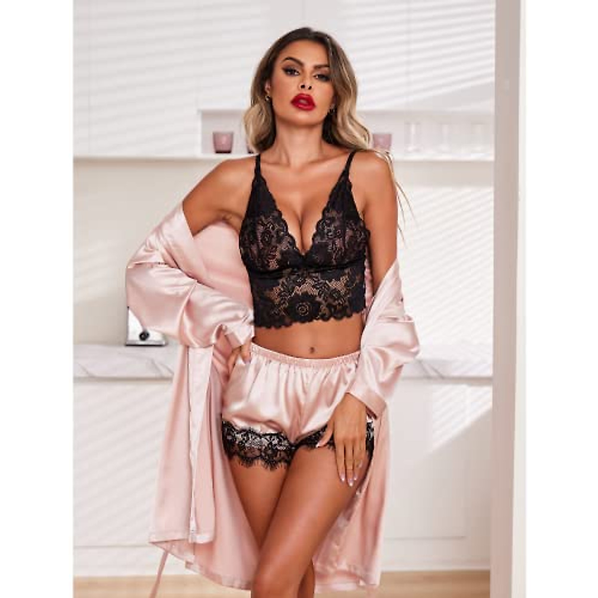 Ekouaer Sexy Pajama Set for Women 3pcs Floral Lace Trim Pjs Silk Sleepwear with Robe Lingerie Set A-pink