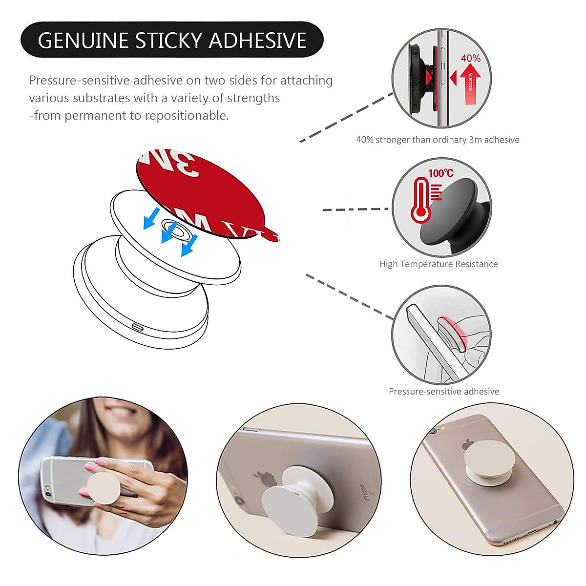 K TOMOTO [10 Pack 3M VHB Sticky Adhesive Pads for Socket Mount Base, Duble Side Heat Resistant Strong Sticker Replacement Tape for Phone Collapsible Grip & Stand Back, 1.3 Inches, Black