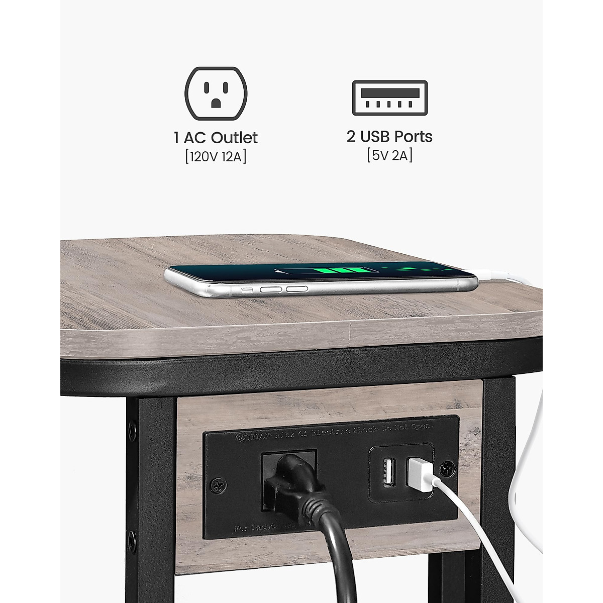 CHOEZON C-Shaped Side Table, Small End Table with Charging Station, Sofa Side Table for Couch with Outlet and USB Ports, for Small Spaces, for Bedroom, Living Room, Greige and Black TSF02UBH
