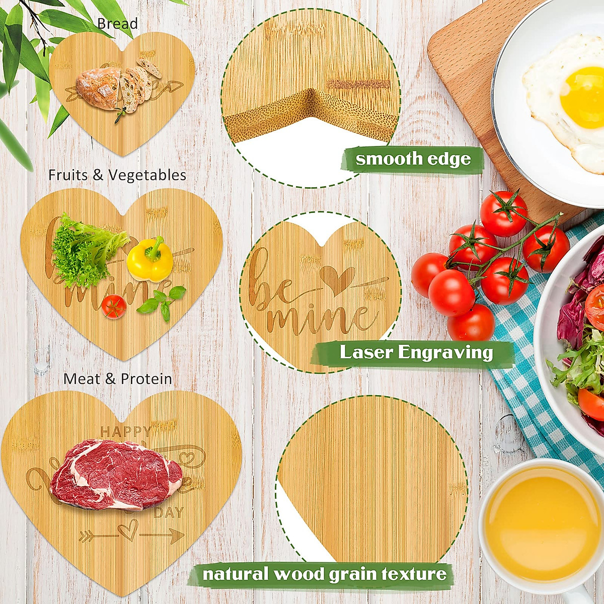 3 Pcs Valentine's Day Heart Shaped Cutting Board Wood Bamboo Serving Board 13in 11in 8.3in Charcuterie Bread Board Cheese Serving Platter for Valentine's Day Wedding Anniversary Birthday (Romantic)