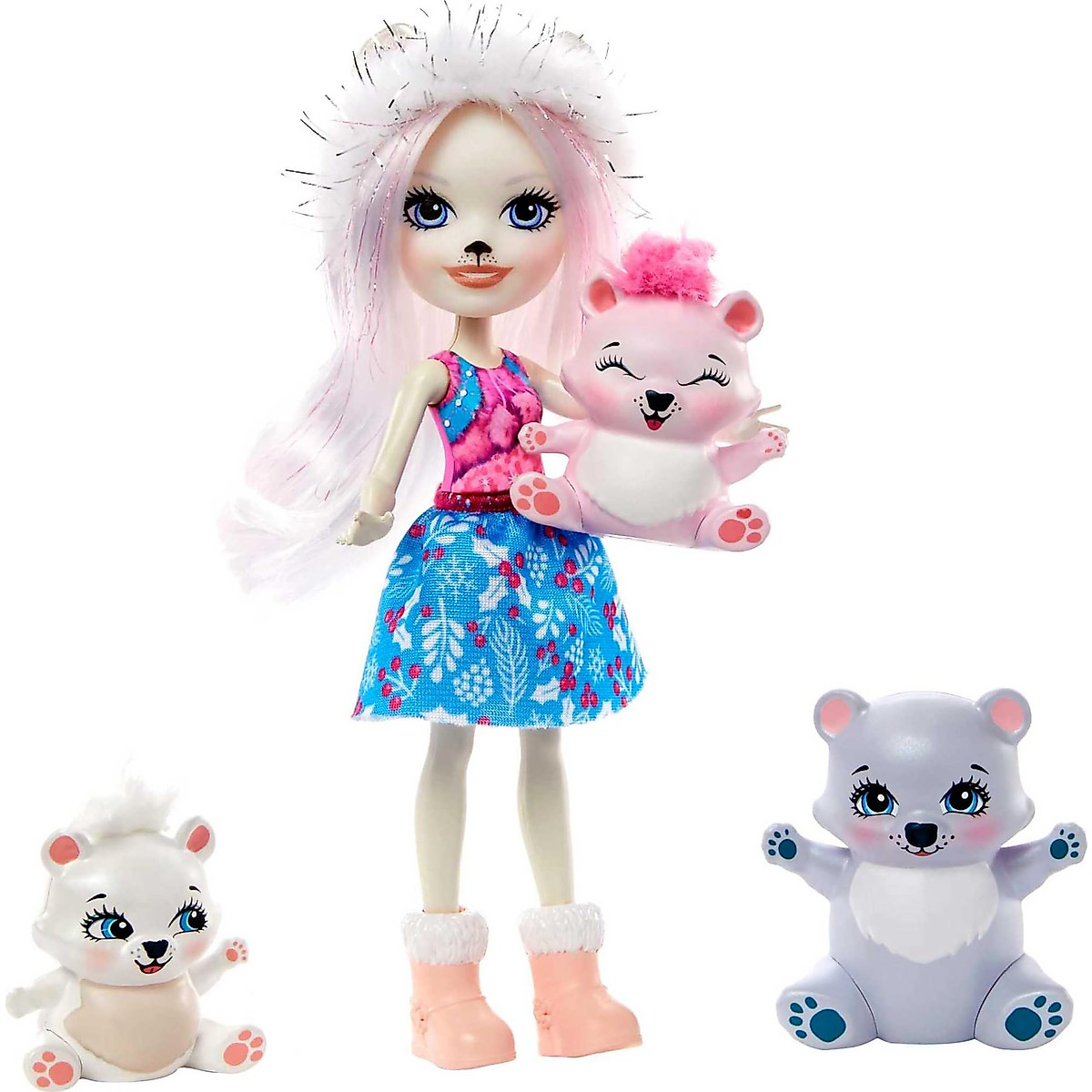 Enchantimals Family Set with Pristina Polar Bear Small Doll & 3 Animal Sibling Figures, Snowy Valley Toy Collection