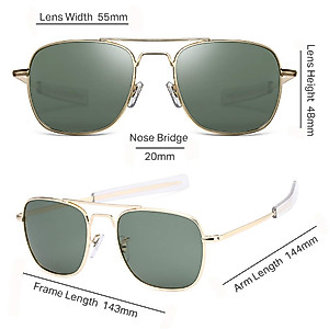 IOHLNG Mens Aviator Sunglasses 55mm Polarized Military Pilot Shades, Gold, Size Medium