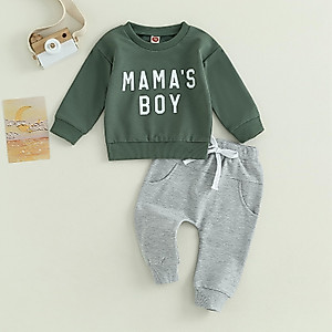 JLKGICF Fall Winter Baby Boys Clothes Long Sleeve MAMA'S BOY Print Sweatshirt+Elastic Sweatpants Toddler Infant Outfit Set (Dark Green Gray4, 0-6 Months)