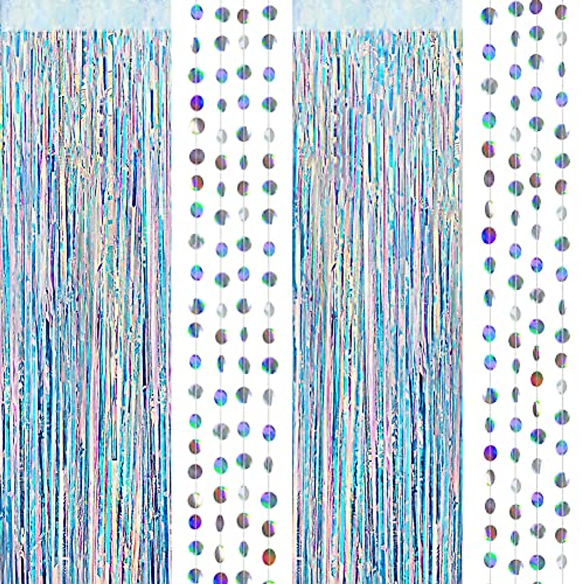 Iridescent Tinsel Foil Fringe Curtains for Birthday Party Photo Backdrop Circle Dots Garland Holographic Backdrop for Disco Euphoria Party Decorations