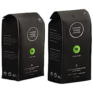 Kicking Horse Coffee, Kick Ass, Dark Roast, Whole Bean, Certified Organic, Fairtrade, Kosher Coffee, 2.2 lb, 35.2 Ounce & Kick Ass, Dark Roast, Ground, 10 oz - Certified Organic, Fairtrade