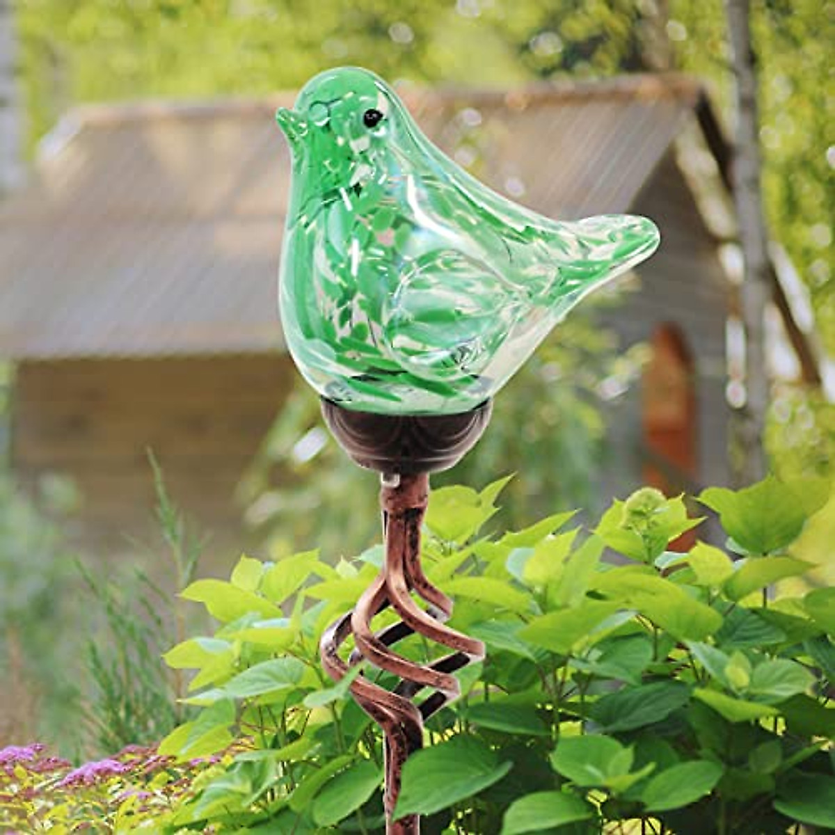 Exhart Garden Solar Lights, Decorative LED Bird Garden Stake, Hand Blown Glass and Metal Outdoor Decoration, Green, 5.5 x 31 Inch
