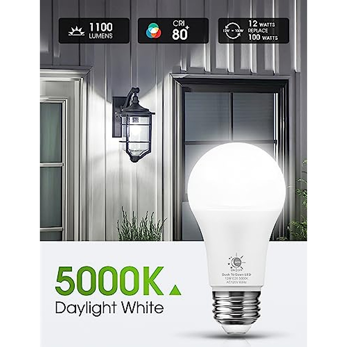 LOHAS Dusk to Dawn Sensor Light Bulbs Outdoor, A19 12W(100 Watt Equivalent) LED Bright Porch Lighting, Daylight White 5000K, 1100LM, Auto-On/Off, E26 Base for Outside, Garage, Patio, Yard, 2 Pack