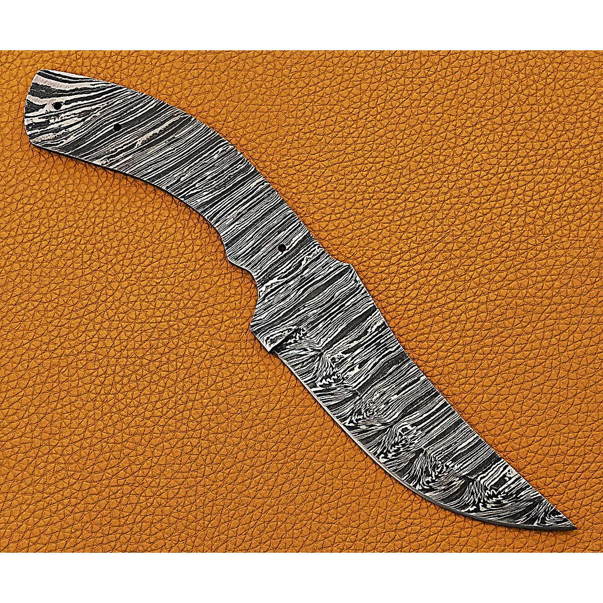 9.25 inches long trailing point blank blade skinning knife, hand forged Ladder Pattern Damascus steel blade, 4.5" scale with 3 Pin hole, 4.25" trailing point blade with 4" cutting edge