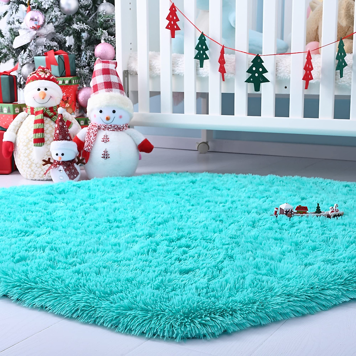 Foxmas Kids Rug for Princess Tent, 4.6 FT Teal Fluffy Rug for Girls Castle, Hexagon Rug Baby Play Mat for Nursery, Super Soft Fuzzy Plush Rug for Girls Bedroom, Baby Nap Mat Carpet Kids Room Decor