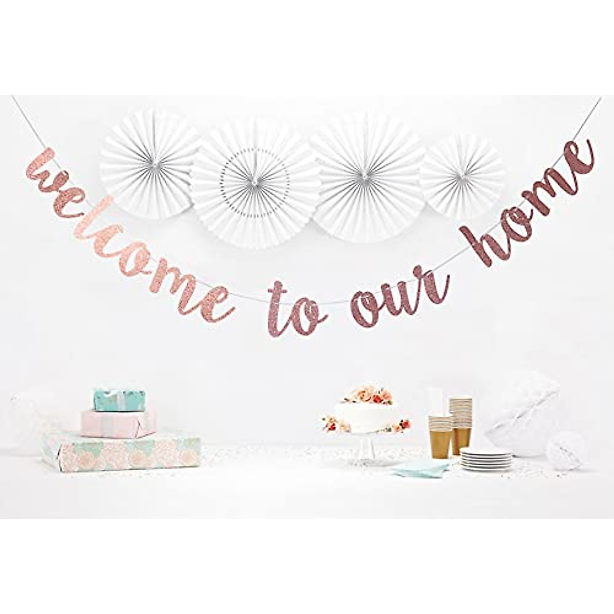 Starsgarden Glitter Rose Gold Welcome to Our Home Banner for Housewarming Patriotic Military Decoration Family Party Supplies Cursive Bunting Photo Booth Props Sign