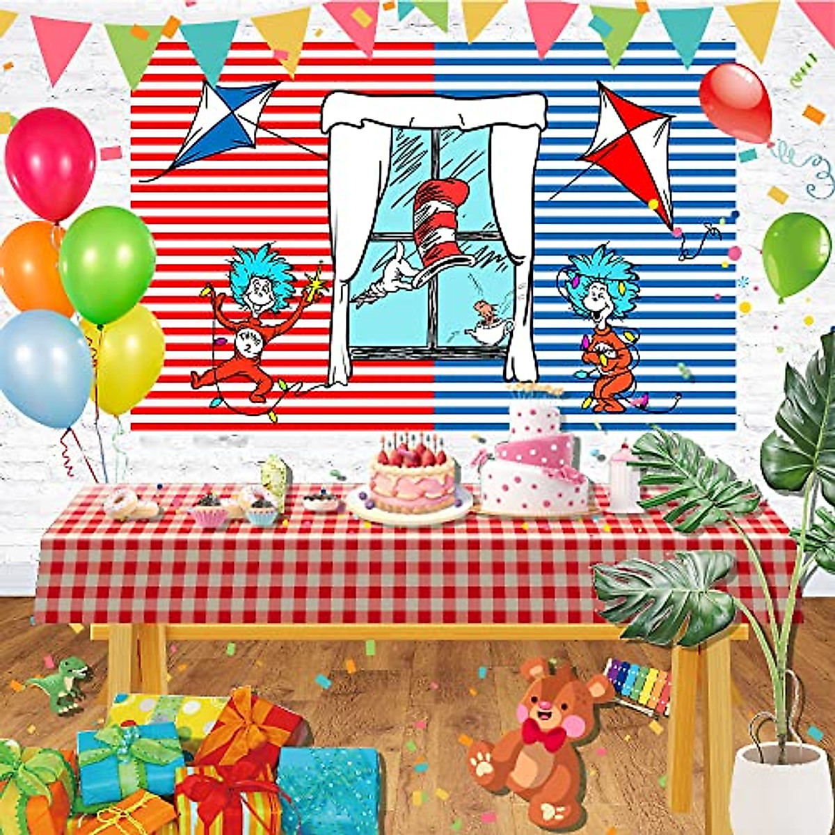 Red and Blue Stripes Backdrop Party Supplies, Dr Seuss Birthday Theme Photo Background, Cat in The Hat Banner for Birthday Party Caketable Decoration, 5x3ft