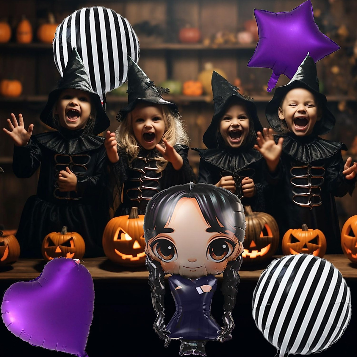 31" Gothic Cartoon Girl & Mixed Gothic Balloons Set: 5pcs Foil Balloons Black Striped, Star, and Heart Purple Balloons for Mysterious Character theme Party, Birthday, Halloween, and Costume Parties