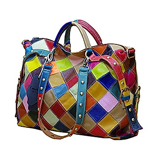 Women's Multicolor Tote Handbag Abstract Design Handbag Genuine Leather Hobo Shoulder Purse, Colors