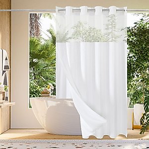 Gibelle No Hook Waffle Weave Shower Curtain with Snap-in Fabric Liner Set for Bathroom, Hotel Style with Mesh Top Window, Waterproof & Washable, White, 72x74