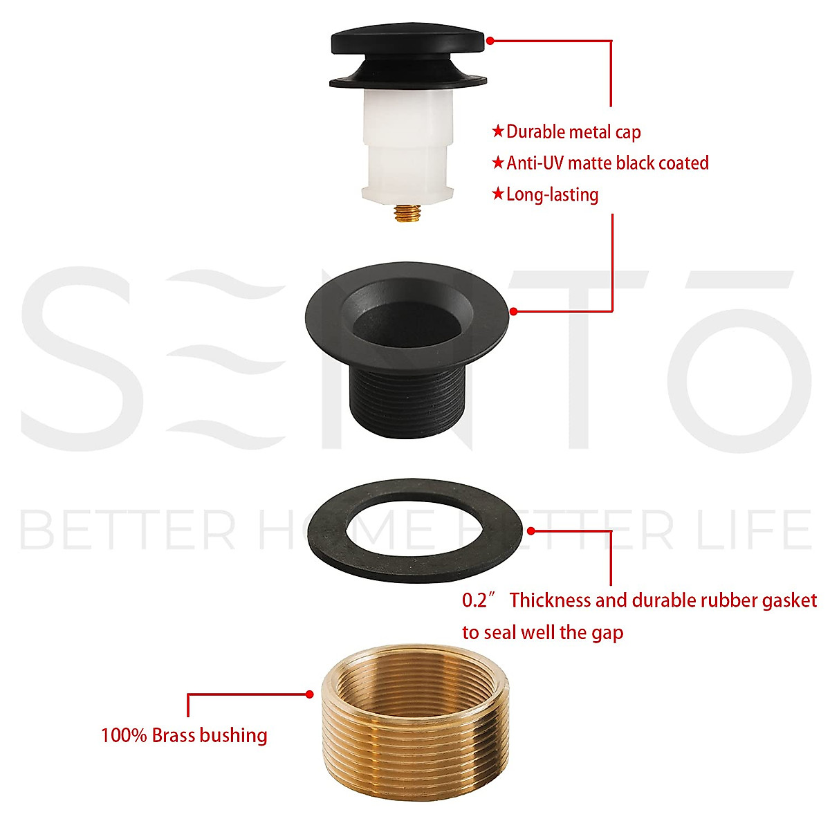 SENTO Black Tip-Toe BathTub Drain Trim Set Assembly Stopper Kit, Fit both 1-1/2 Inch or 1-5/8 Inch Strainer and Stopper, Heavy Duty Metal with Matching Screws, Easy Installation, Matte Black