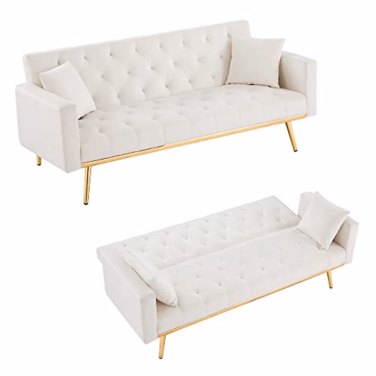 Tmosi Velvet 73'' Convertible Folding Futon Sofa Bed with Removable Armrests for Compact Living Space,Twin Size Loveseat Sofabed with 3 Adjustable Backrests for Bedroom (White)